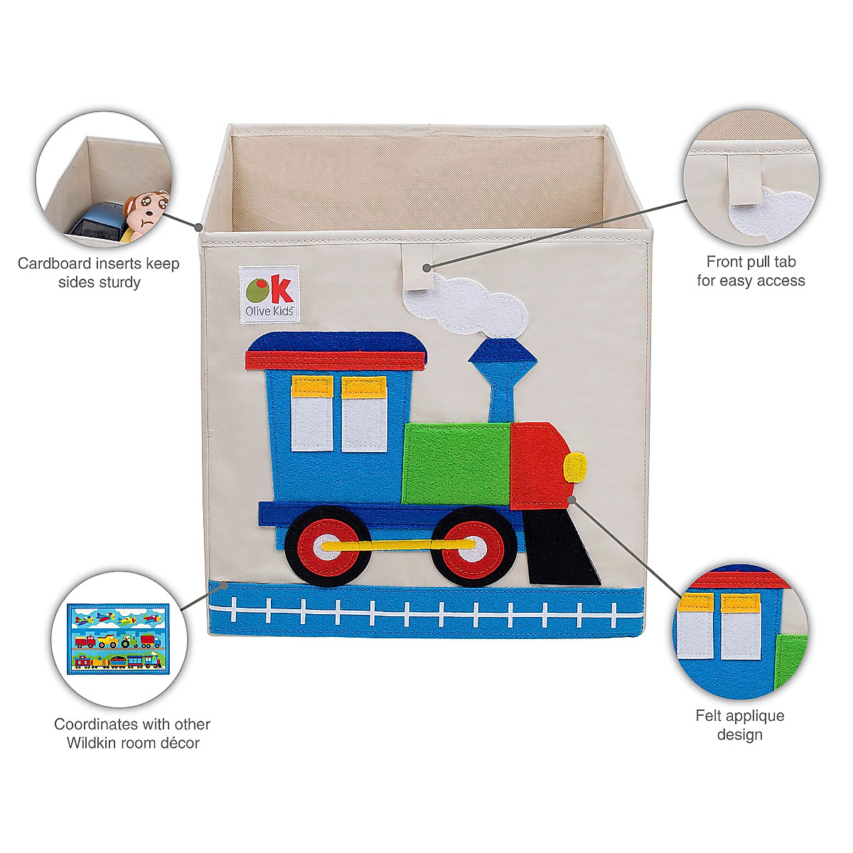 Wildkin Kids 13 Inch Storage Cube for Boys and Girls, Perfect Use in Your Child's Bedroom or Playroom, Storage Cubes Helps Keep Toys, Games, Books and Art Supplies Organized, Olive Kids (Train)