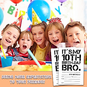 YQV It's My 10th Birthday Bro Invitations Cards, 4"x 6" Birthday Party Invites with Envelopes for Party Decorations Supplies(20 Pieces) -D23