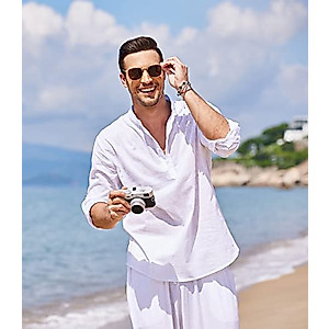 COOFANDY Men's Cotton Linen Henley Shirt Long Sleeve Hippie Casual Beach T Shirts White