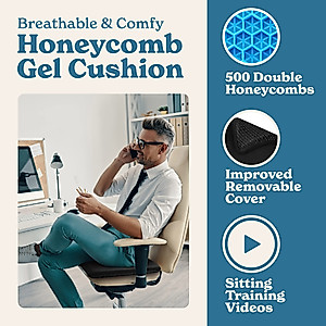 YOGI-ZONE Gel Seat Cushion for Long Sitting – 16.5x16.5x1.6 in. Honeycomb Seat Cushion for Back Pain Relief with Yoga Videos – TPE Cushion with Nonslip Breathable Cover for Office Chair & Car Seat