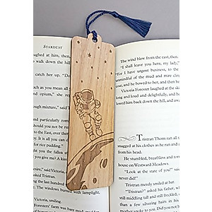 Juniper and Ivy Designs Wood Bookmark - Reading Astronaut - Laser Engraved - Wooden Book Mark with Navy Blue Tassel