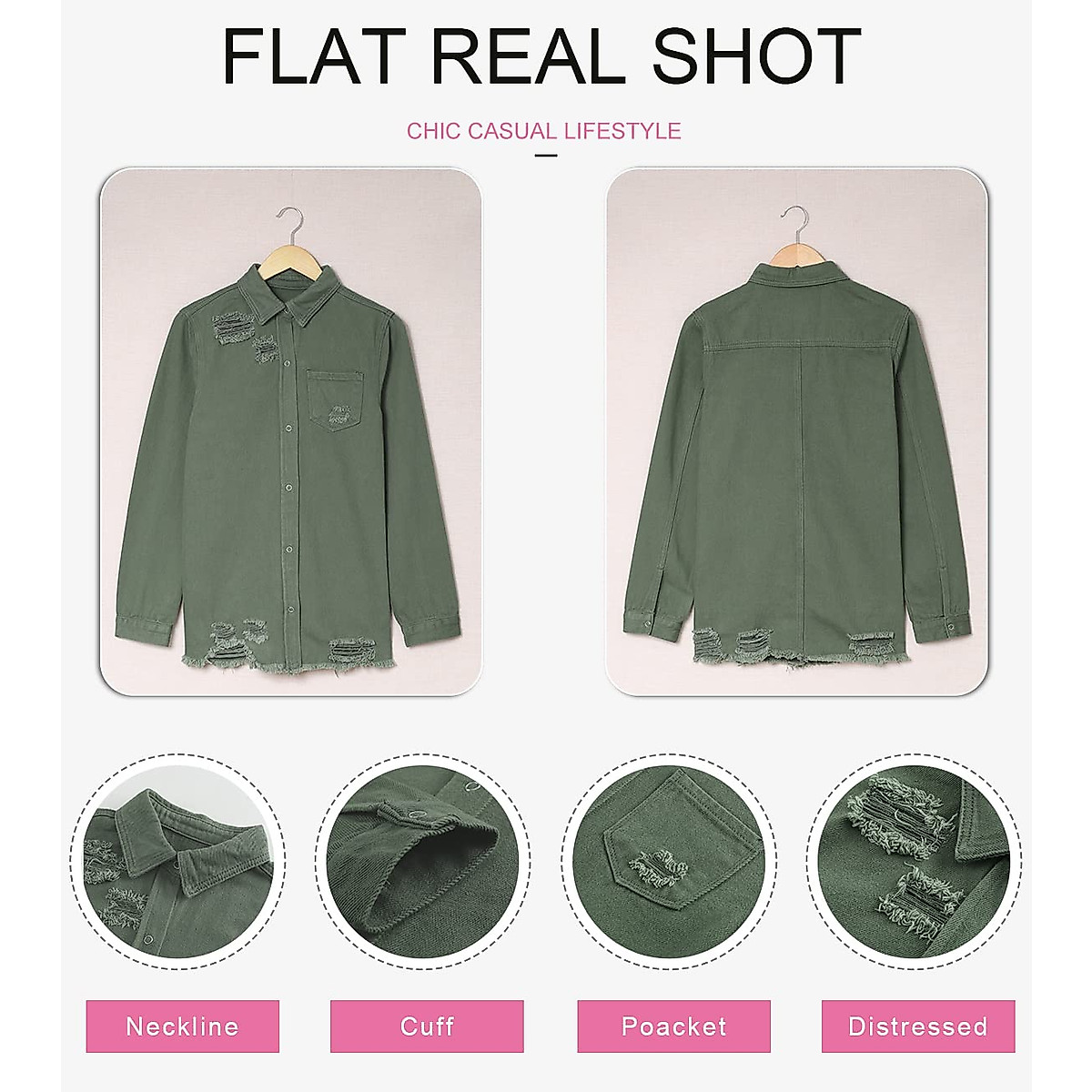 Dokotoo Jean Jacket Women Fashion Spring Summer Country Concert Outfits Casual Long Sleeve Denim Shirt Distressed Boyfriend Denim Jacket Shackets Western Jean Jacket Womens Clothing Green Jackets XL