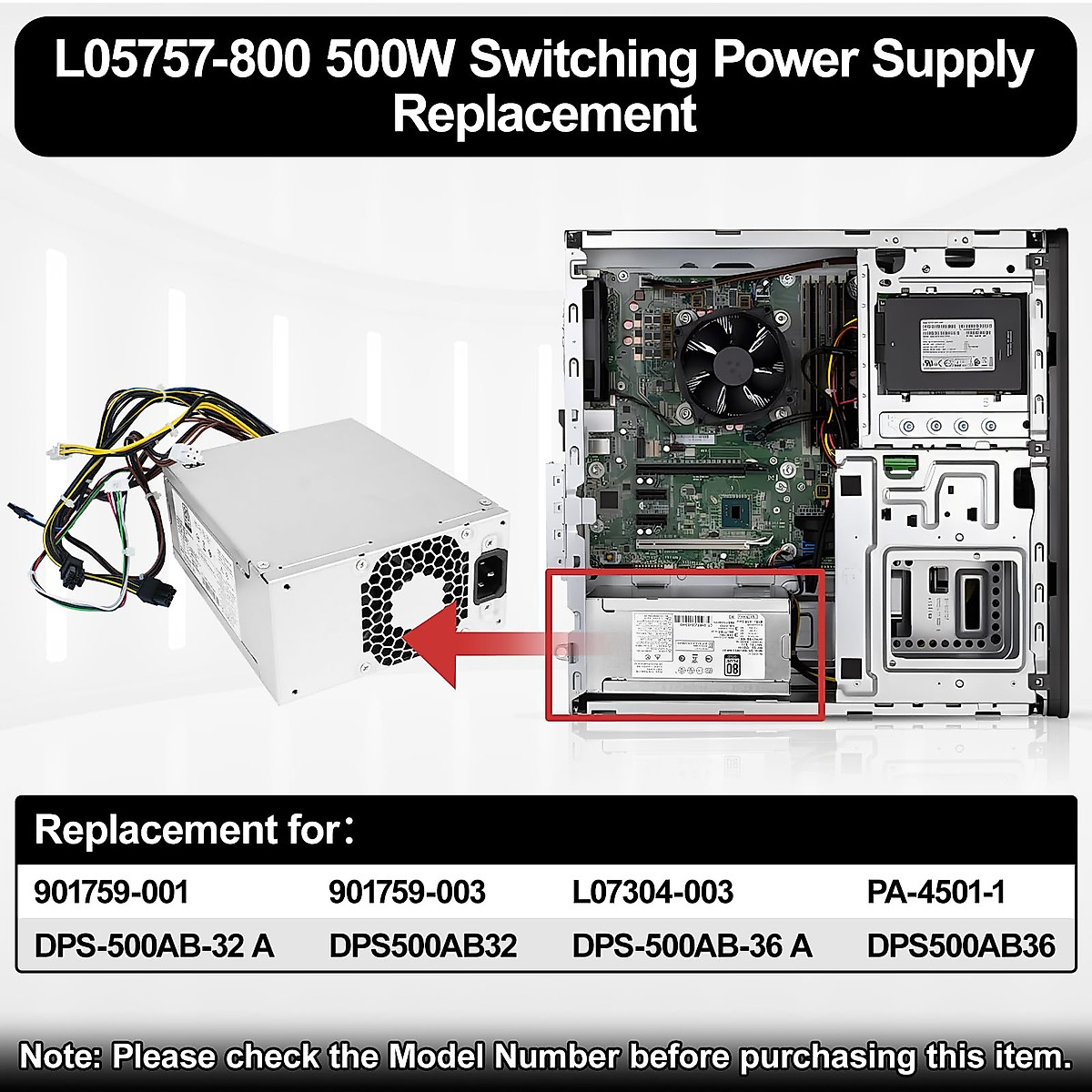 LXun Upgraded L05757-800 901759-013 500W Switching PSU Power Supply Compatible with HP EliteDesk Z2 G4 800 880 600 G3 G5, Model L05757-800 DPS-500AB-32 A,795-0003UR Desktop Power Supply New