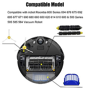 Replacement Parts Kit for irobot Roomba 600 Series 694 676 675 692 695 677 671 690 680 660 650 620 614 610 600 & 500 Series 595 585 564 Vacuum Robot, 1 Set Main Brush, 2 Filter, 4 Side Brushes