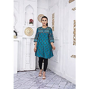 IshDeena Pakistani Kurtis for women Indian Style Cotton Tunics Womens Tops Printed Lawn (Small, Teal)