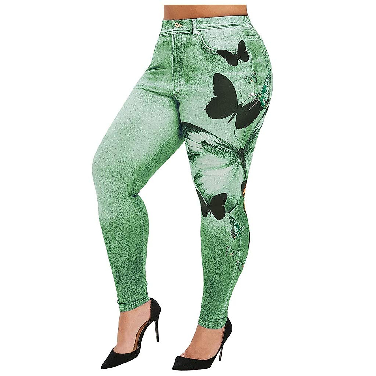 Women's Denim Print Fake Jeans Leggings Plus Size Casual Imitation Cowboy Leggings Elasticity Slim Cropped Pants