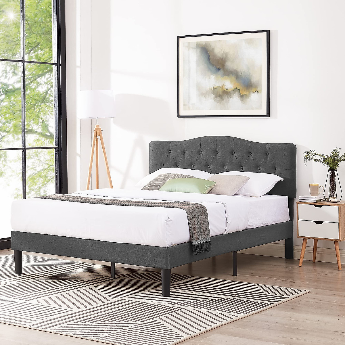 VECELO Full Size Upholstered Platform Bed Classic Diamond Stitched Cloth Panel Headboard/Mattress Foundation/Easy Assembly/Strong Slat Support,Dark Grey