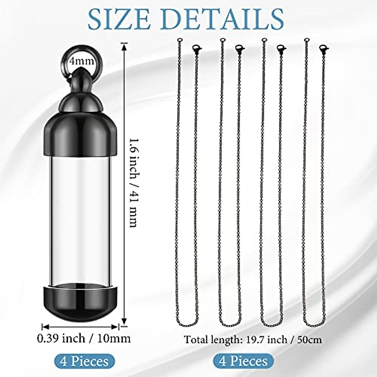 4 Vial Necklace Pendant Set Include 4 Stainless Steel Glass Openable Container Vial Tube Urn Keepsake Cremation Memorial Ashes Holder 4 Snake Chain Necklace for DIY Jewelry Making (Black)