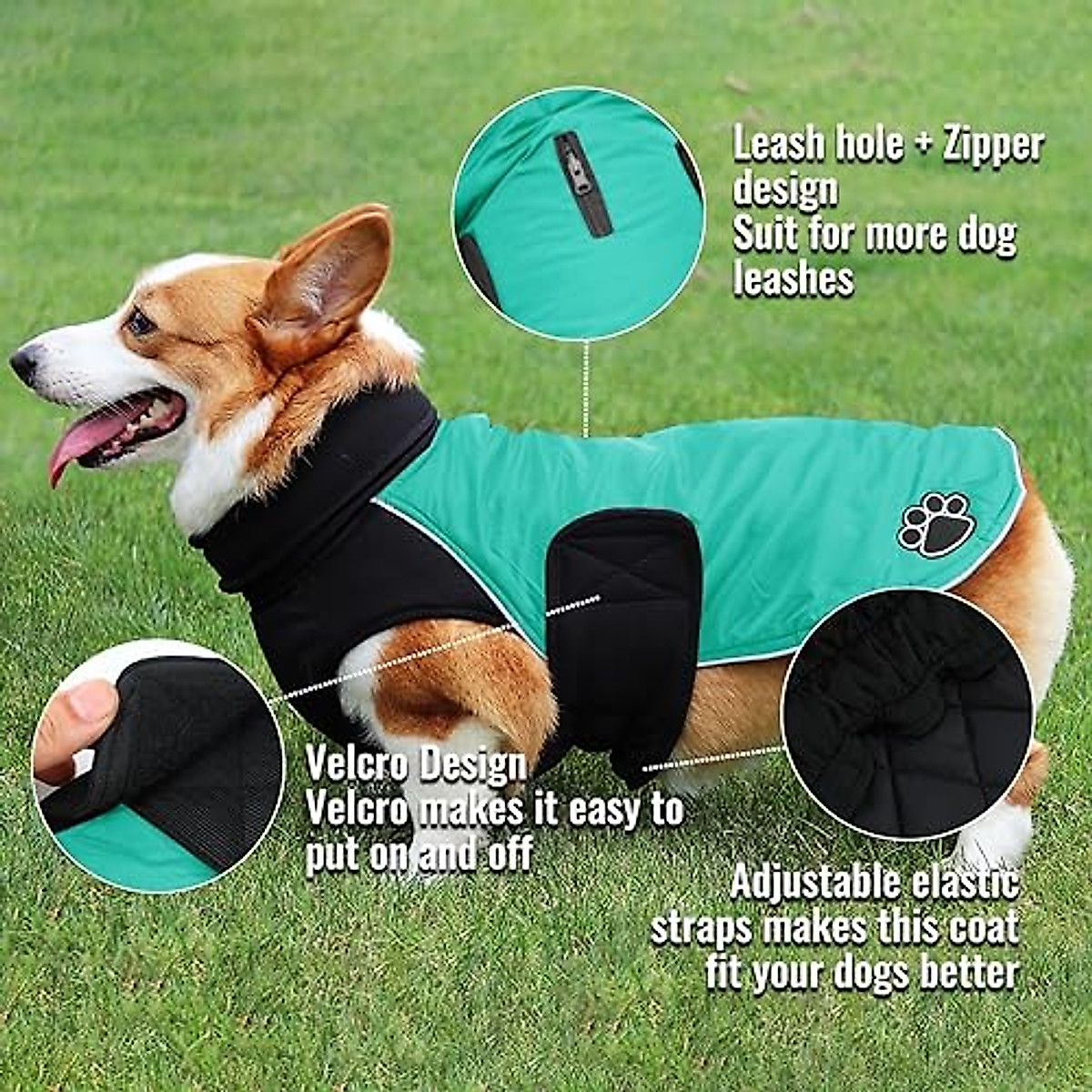 ALAGIRLS Reversible Dog Coat for Cold Weather, Winter Waterproof Dog Vest Jacket, Thick Padded Warm Dog Coat Pet Apparel Outfits with Harness Hole, Turquoise XL