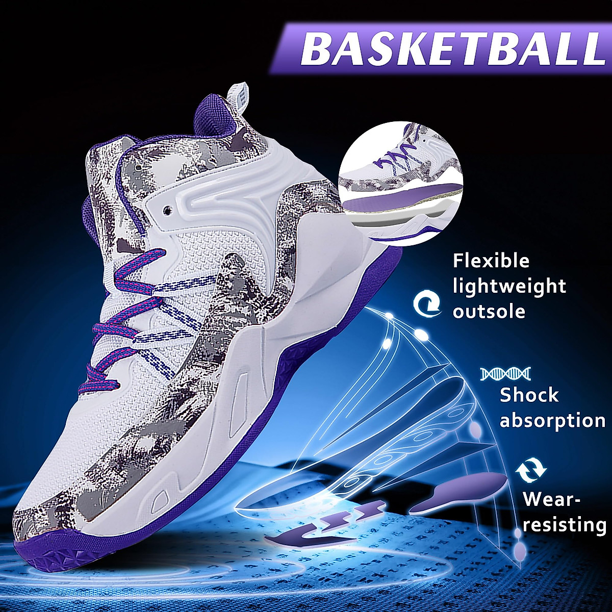 CJSPORX Men Women Basketball Shoes Breathable Non Slip Outdoor Fashion Sneakers White Purple Size 6