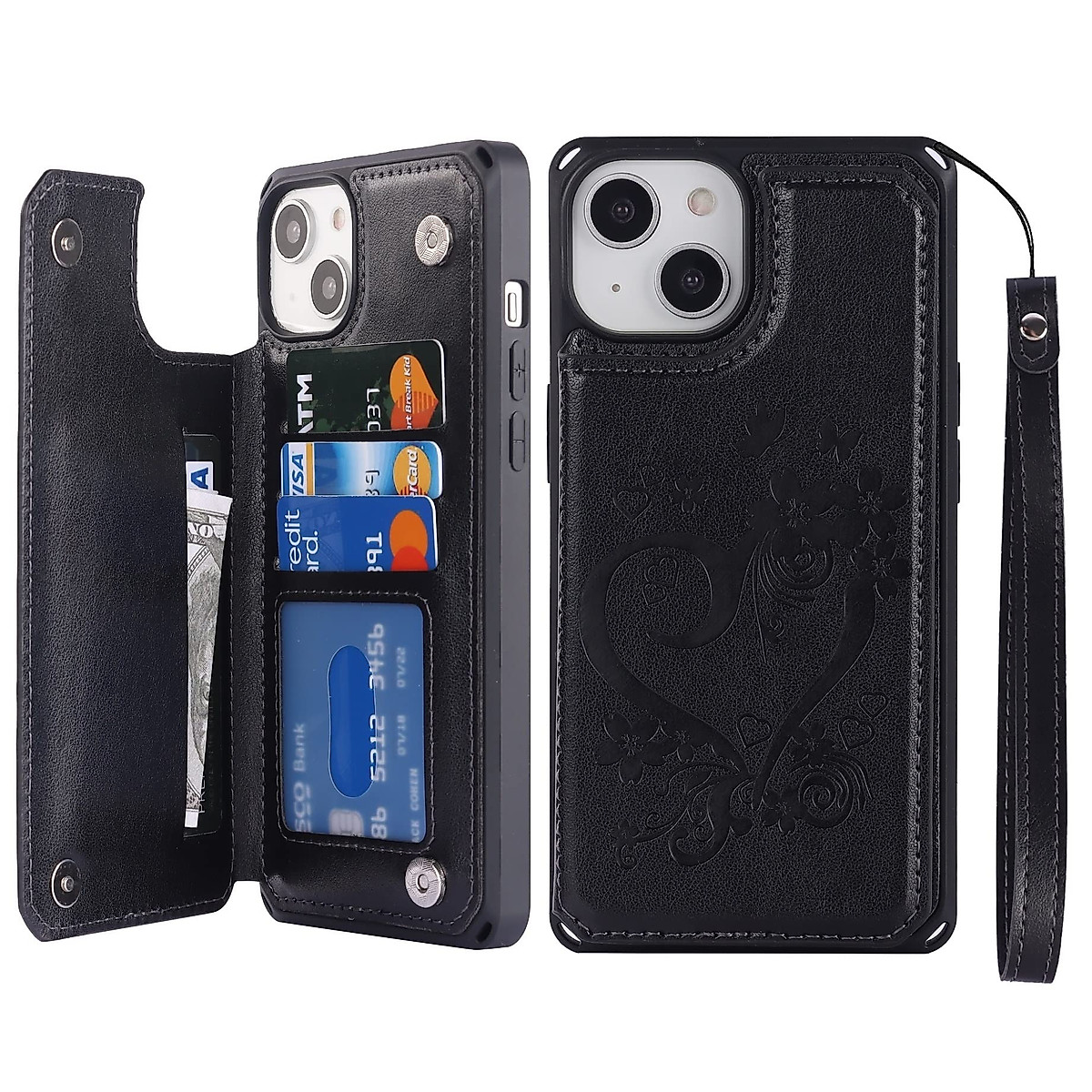 iCoverCase for iPhone 14 Plus Case with Card Holder, iPhone 14 Plus Wallet Case for Women with Strap [RFID Blocking] Embossed Leather Kickstand Phone Case for iPhone 14 Plus 6.7 Inch (Heart Black)