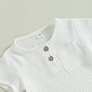 Nyapruwe Toddler Baby Boys Summer Clothes Short Sleeve T-shirt Elastic Waistband Rolled Short Cotton Linen 2Pcs Outfits (White, 18-24 Months)