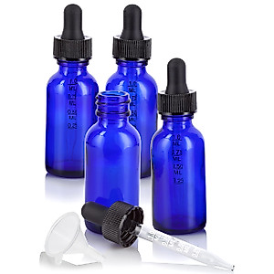 JUVITUS 1 oz / 30 ml Cobalt Blue Glass Boston Round Bottle with Graduated Measurement Glass Dropper (4 pack) + Funnel