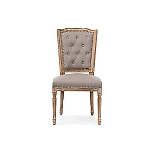 Baxton Studio Estelle Shabby Chic Rustic French Country Cottage Weathered Oak Linen Button Tufted Upholstered Dining Chair, Medium, Beige