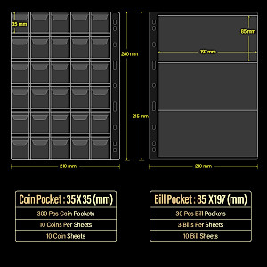 Silph PLC Coin Collection Book Holder for Collectors, Coin Album Binder Storage Box Case for Money Currency Collection Supplies - [300 Coins Pockets+30 Bills Pockets]
