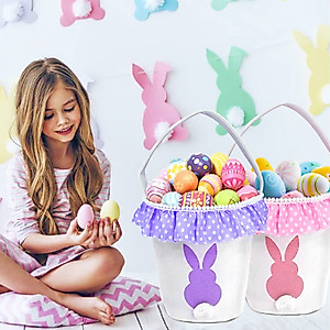 2 Pack Easter Eggs Hunt Basket for Kids Easter Bunny Canvas Baskets Ruffle Easter Basket Rabbit Fluffy Tails Bucket Tote Eggs Candy and Gifts Carry Bucket, Easter Party Supplies (Purple & Pink)