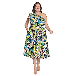 Donna Morgan Women's Bold Floral Printed Midi Dress with Ruffle One Shoulder, Soft White/Olive Green, 16