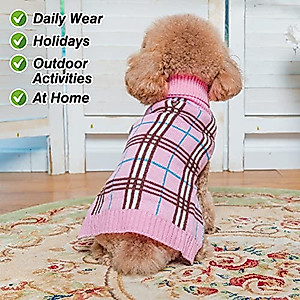 DILLYBUD Small Dog Sweaters, Dog Clothes Turtleneck Plaid Knitwear Pet Sweater Pullover for Puppy Doggie Cat Girls or Boys, Dog Apparel Coat for Fall Winter Cold Weather Indoor or Outdoor Size S,XS,M
