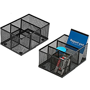 MyGift Modern Black Metal Mesh Desk Office Supplies Organizer Caddy with 4 Storage Compartments, Set of 2