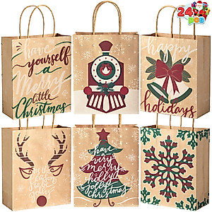 JOYIN 24 PCS Christmas Kraft Bags, Paper Gift Bags with Christmas Characters for Xmas Party Favors, Goody Gift Bags, Holiday Treat Box and Presents 7.25x9x3.5 Inch (not included tissue paper)