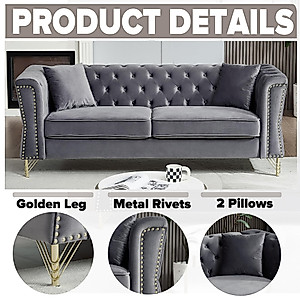 lunhung 81" Chesterfield Velvet Sofa for Living Room,3-Seater Sofa Tufted Couch with Golden Metal Legs & Nailhead,2 Pillows, Rolled Arms Sofa for Living Room,Bedroom,Office,Apartment (Grey)
