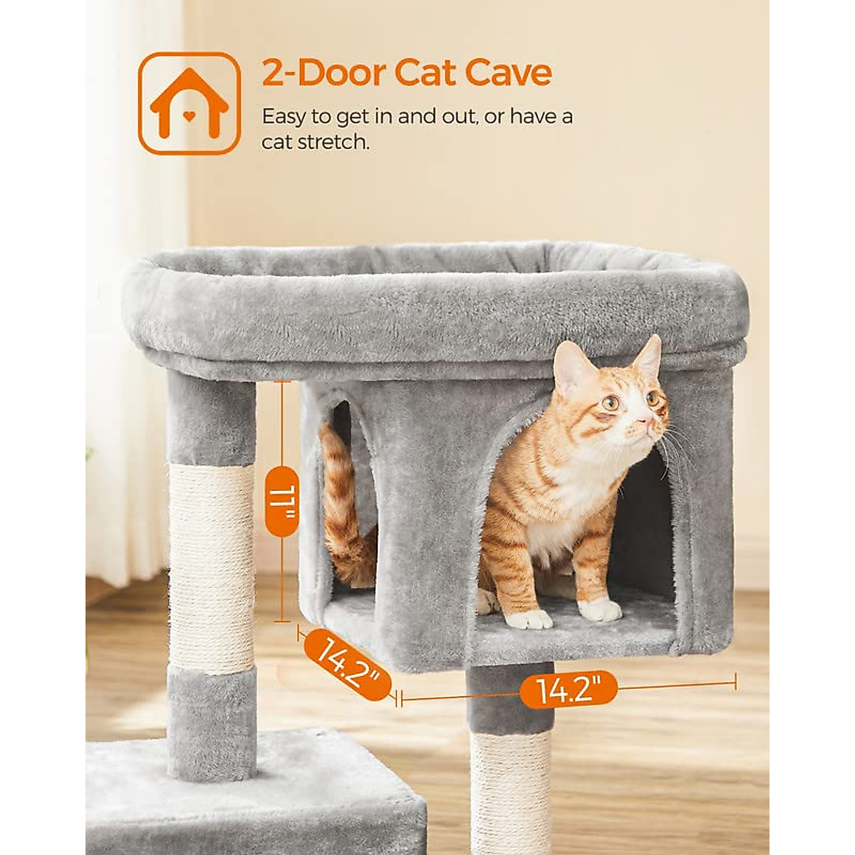 Feandrea Cat Tree, 33.1-Inch Cat Tower, L, Cat Condo for Large Cats up to 16 lb, Large Cat Perch, 2 Cat Caves, Scratching Post, Light Gray UPCT61W