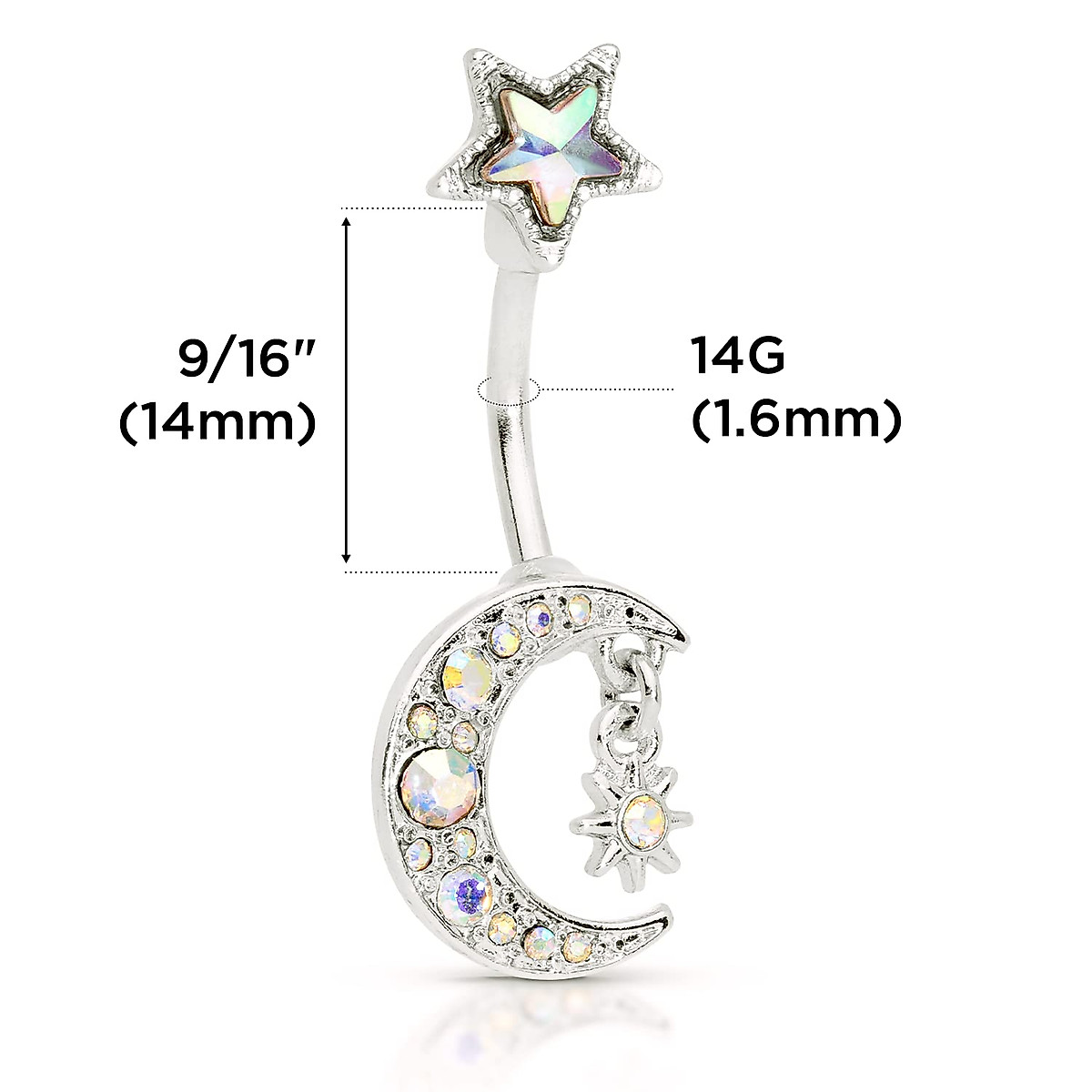 Pierce2GO Crystal Moon Belly Button Ring - 14G Surgical Steel Belly Button Ring Moon Pendant with Hanging Star - Belly Button Rings Piercing for Women – 7/16” (Silver)