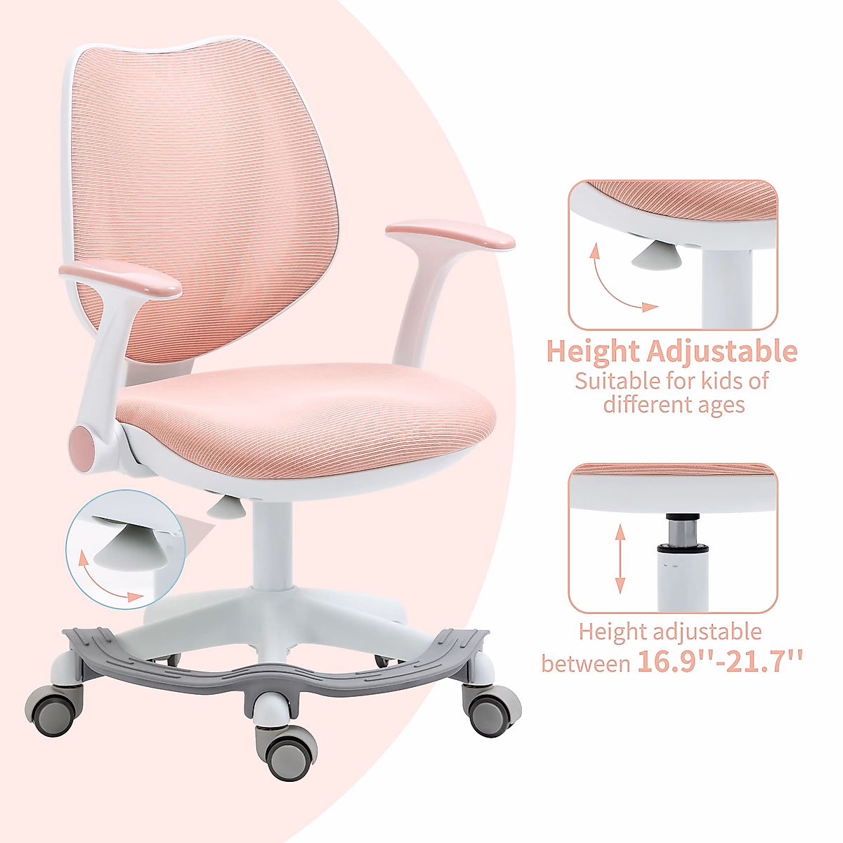 HOMEFUN Kids Desk Chair, Computer Chairs with Armrest and Footrest for Boys Girls Cute Mesh Ergonomic with Adjustable Height Swivel Safe Sit-Locking Casters Pink