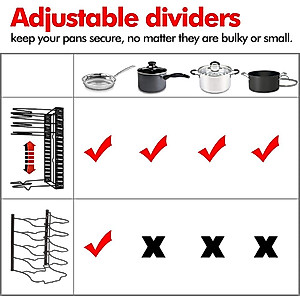 Jumper Joo Expandable Pot and Pan Organizers Rack,5+ Pans and Pots Lid Organizer Rack Holder, Kitchen Cabinet Pantry Bakeware Organizer Rack Holder with 5 Adjustable Compartments (Black)
