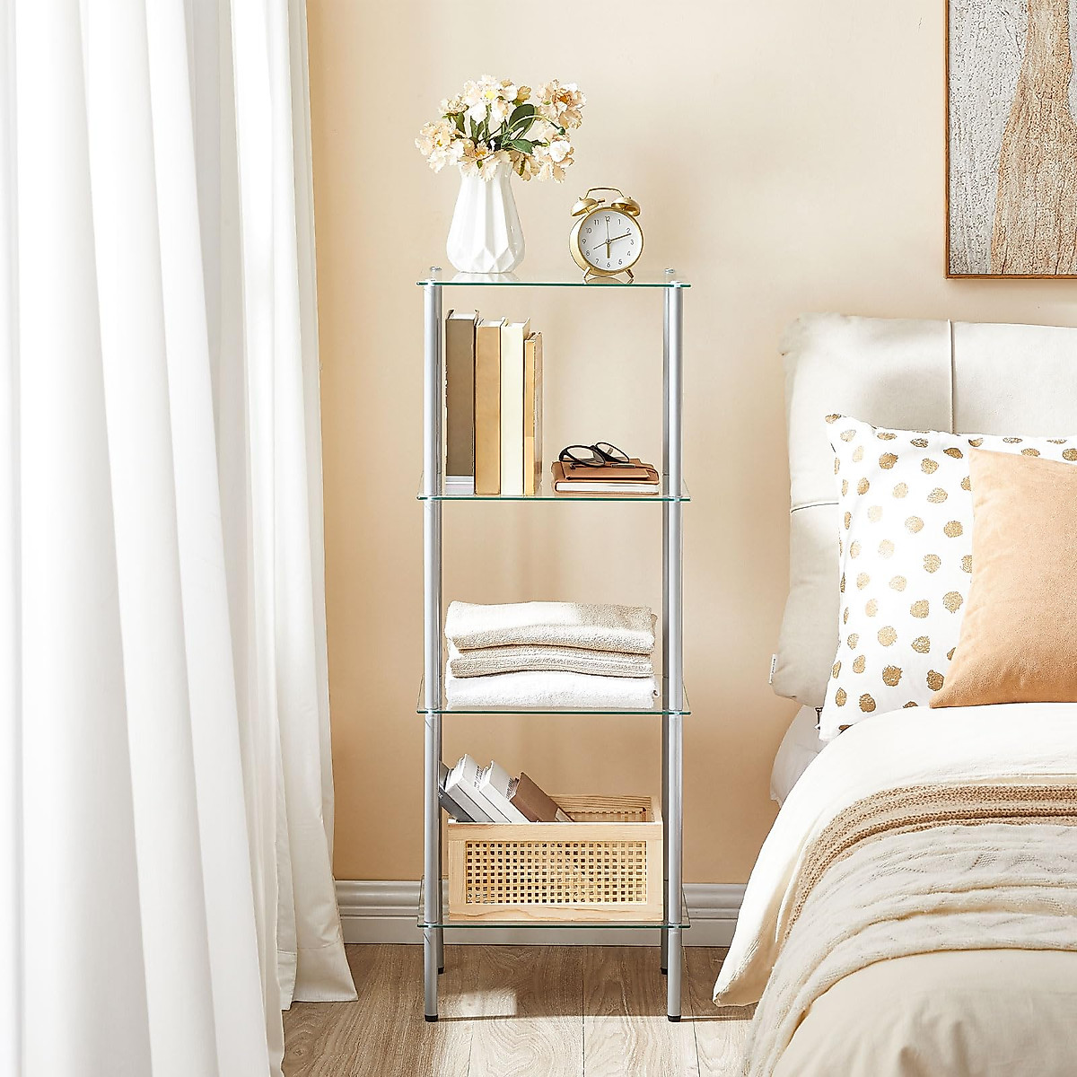 HOOBRO Glass Shelf, 4 Tier Standing Shelf Unit, Durable Glass Shelving Stand for Small Space, Space-Saving, for Bathroom, Bedroom, Home Office, Tempered Glass, Steel Frame, Silver SV04CJ01