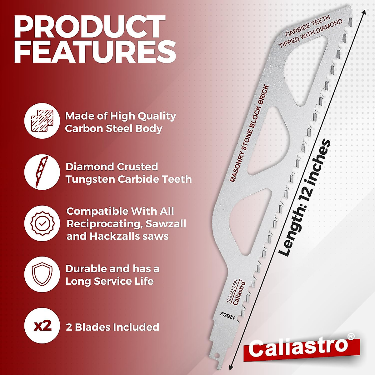 Caliastro 12-Inch Brick, Masonry, Porous Concrete, Engineered Stone Cutting Reciprocating Saw Blade - 2 Pack