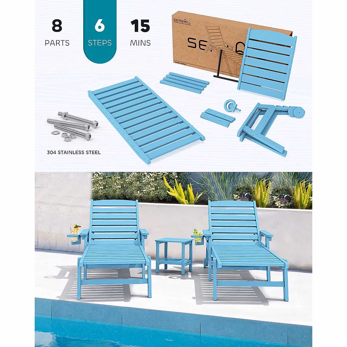 SERWALL Patio Chaise Lounge Chair Set of 2, 5 Positions Adjustable HDPE Outdoor Lounge Chair for Pool, Poly Lounge Chair with Rolling Wheels & Cup Holder for Poolside, Deck, Light Blue