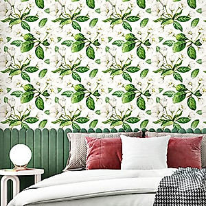STICKEEP White Floral Peel and Stick Wallpaper Green Leaf Wallpaper 24” x 118” Removable Floral Contact Paper Peel and Stick Flower Wall Paper Vinyl Roll Wallpaper for Bedroom Walls Cabinets Shelves