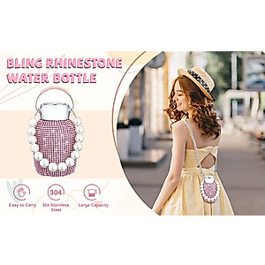 Diamond Water Bottle Bling Diamond Vacuum Flask Sparkling Glitter 7.78 OZ Bottles with Pearl Bracelet for Women Refillable Insulated Bottle Stainless (Pink)