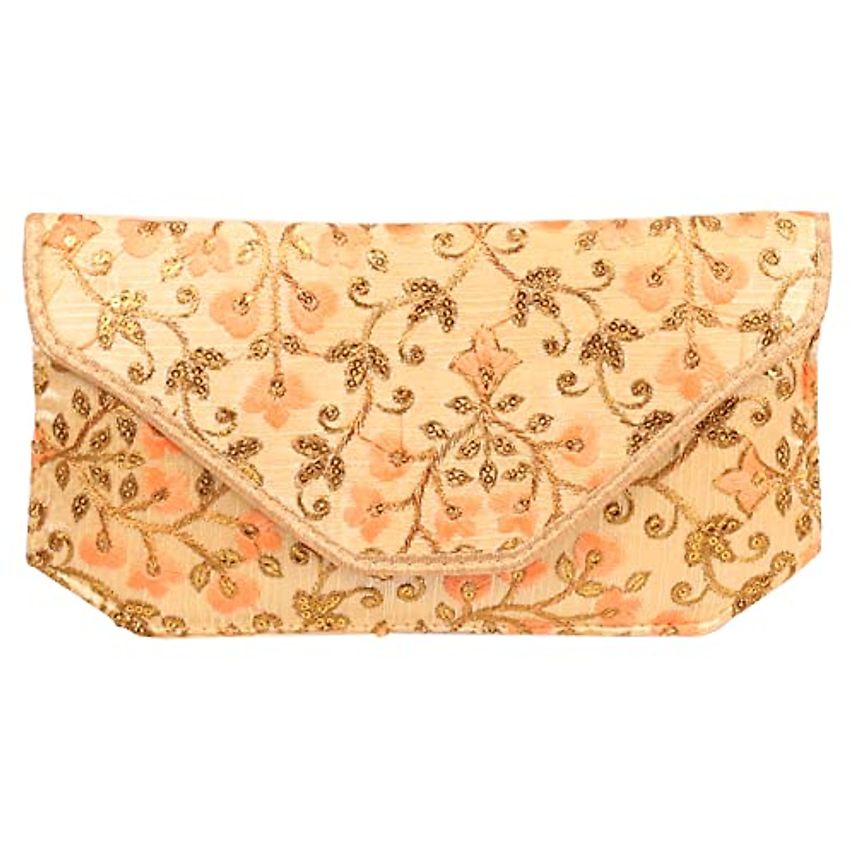 Indtresor beaded handcrafted embroidered evening purse handbag vintage party wedding gift for women. Peach Gold