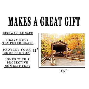 Fall Autumn Leave Covered Bridge Kitchen Glass Cutting Board Country Decorative Gift Design
