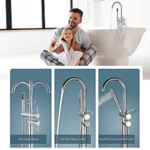 Aolemi Floor Mount Bathtub Faucet Freestanding Tub Filler Standing High Flow Shower Faucets Shower Mixer Taps, Swivel Gooseneck Spout with Cylinder Handheld Polish Chrome