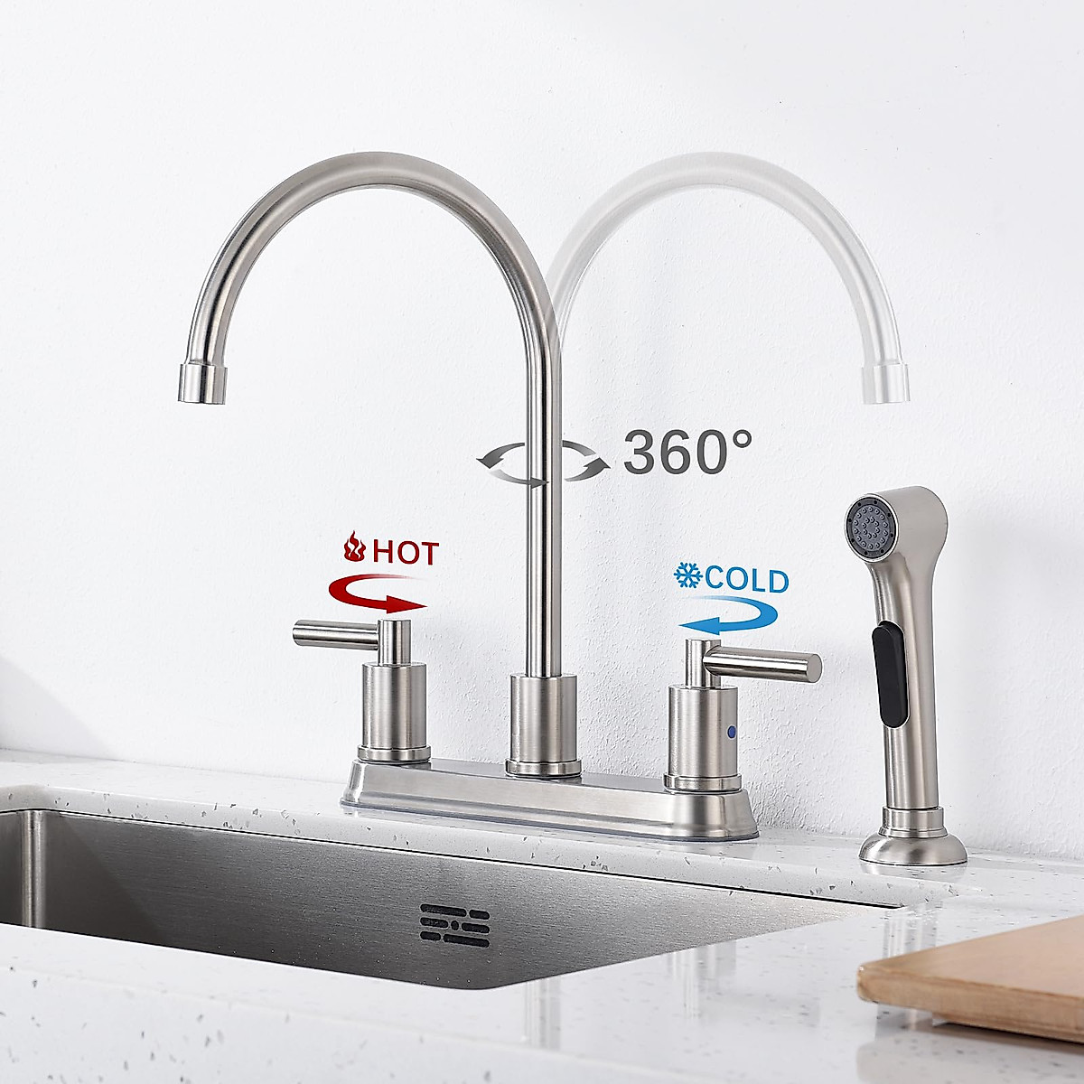 ARRISEA 2 Handle Kitchen Sink Faucet with Side Sprayer, Two Handle 4 Holes 8 Inch Centerset Kitchen faucets with 24 inch Pull-Out Side Sprayer, Brushed Nickel Stainless Steel High Arc Kitchen Tap