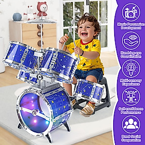 Upgraded Kids Drum Set for Toddlers 1-3, Kids Jazz Drum Ages 3-5, Star Light up Musical Instrument Toys for Boys Girls 2-5 4-6 5-7 ( All Plastic)