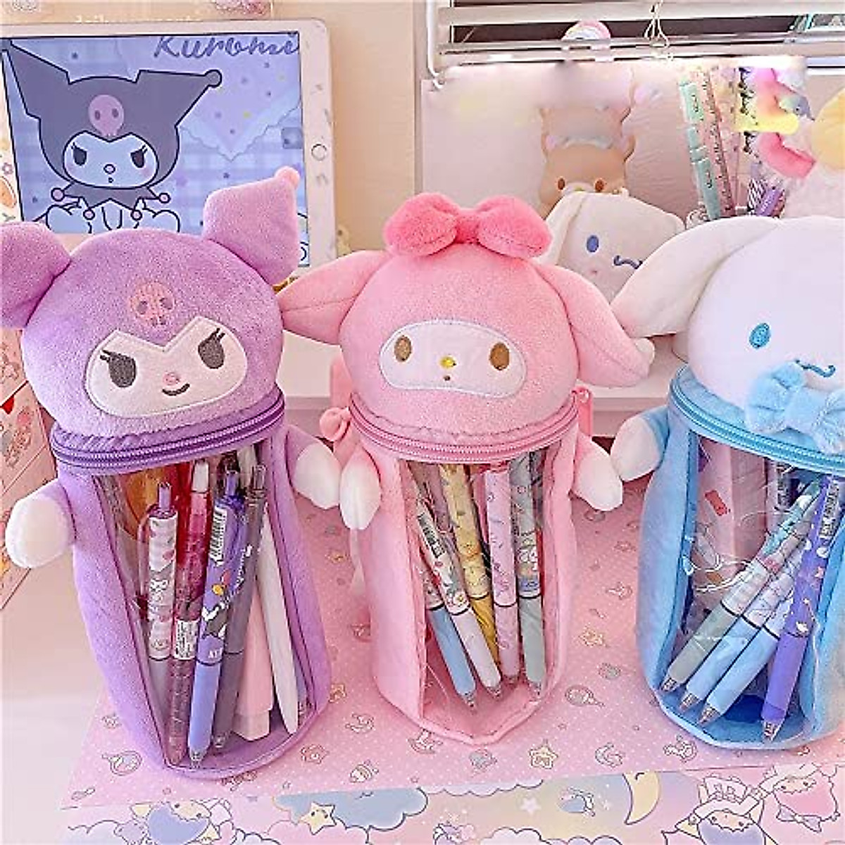Cute Pencil Case Plush Pouch, Teen Girl Gift Bag Make Up Case, Cute Anime Cosmetic Bag Stationary Kawaii Pencil Box (Purple)