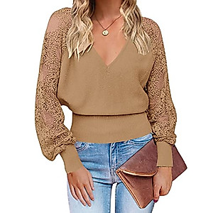 MEROKEETY Women's V Neck Lace Long Sleeve Ribbed Knit Sweater Solid Color Pullover Tops