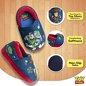 Disney Toy Story Slippers - Buzz Lightyear and Sheriff Woody Fuzzy PJ House Shoes - Boys Pajama Indoor Warm Slipper - Navy Blue/Red (size 7-8 Toddler)