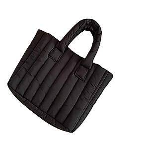 Casual Nylon Quilted Women Handbags Designer Padded Lady Hand Bags Down Cotton Small Tote Bag Warm Winter Puffy Purses (28X6X22cm,Balck)