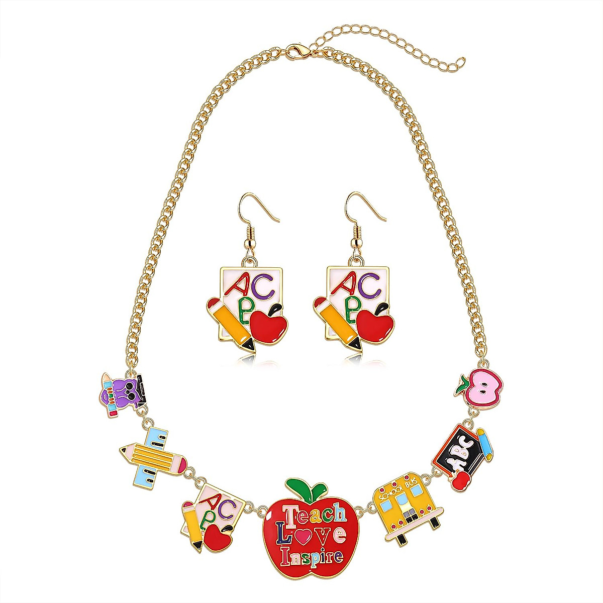 Teacher Earrings Necklace for Women Cute Back to School Apple Pencil School Bus ABC Chalkboard Owl Charms Pendant Necklace Hypoallergenic Notebook Drop Dangle School Student Earrings Jewelry Set Fun