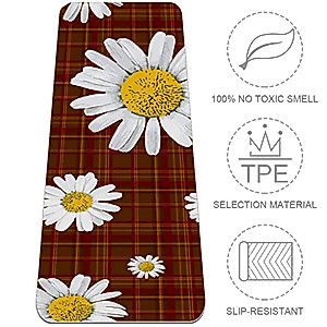 Yoga Mat, Yoga Mats for Home Workout, Workout Mat, Exercise Mats, Pilates Mat, Brown Red Retro Plaid Daisy Flower