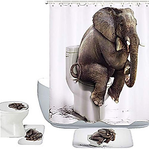 Amagical Elephant Digital Printing 16 Piece Bathroom Mat Set Shower Curtain Set Bathroom Mat Contour Mat Toilet Cover Waterproof Shower Curtain with 12 Hooks