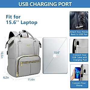 Focdod Women Laptop Bags Teacher Backpack: 15.6 Inch Nurse Backpack with USB Port Work Bag Anti-theft Travel Daypack Stylish Computer Bookbag Waterproof for School Business Woman(Light Grey)