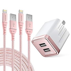 iPhone Charger Set, 2-Pack Overtime Apple MFi Certified Lightning Cables with 1 Dual USB Wall Adapter - 2.4 AMP Compatible w/iPhone 11 Pro Max XS XR X 8 7 6S 6 Plus SE iPad (Rose Gold/Rose Gold, 10ft)