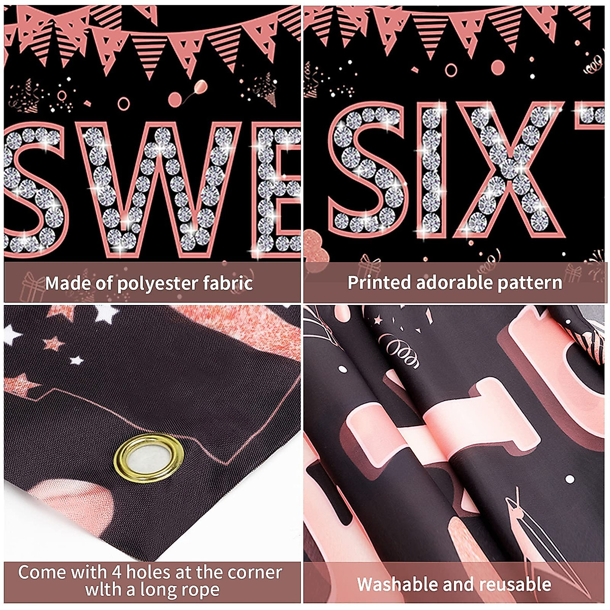 Happy 16th Birthday Banner Decorations for Girls, Rose Gold Sweet Sixteen Birthday Party Supplies, 16 Years Old Birthday Photo Booth Sign(9.8x1.6ft)