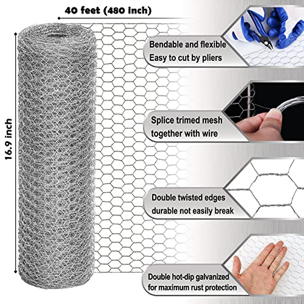 Chicken Wire Fencing Mesh, 16.9 Inch x 40 Feet Metal Floral Chicken Wire Fence for Crafts Poultry Garden, 0.6 Inch Hexagonal Galvanized Hardware Cloth Netting for Chicken Coop Barrier Rabbit Cage